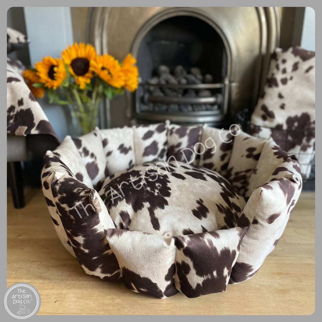 Luxury Handcrafted Pocket Sided Faux Cow Hide Dog Bed – In Your Dog ...